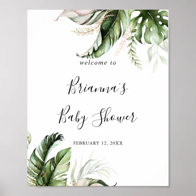 Gold Tropical Greenery Baby Shower Welcome Poster | Zazzle