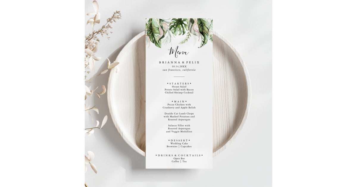 Gold Tropical Greenery Dinner Menu | Zazzle