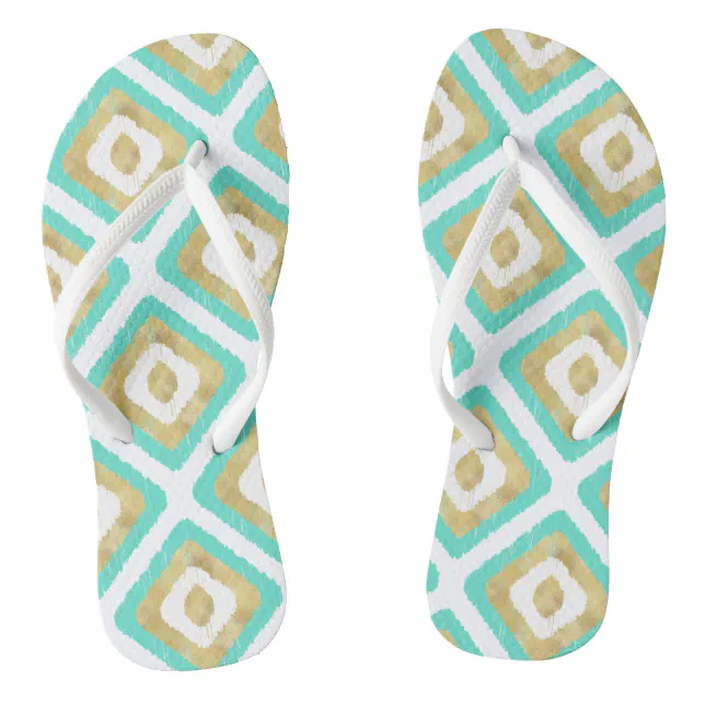 Gold & Turquoise Chic Ikat Pattern Flip Flops | Zazzle