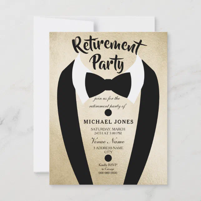 Gold Tuxedo Bow Tie Retirement Party Invite | Zazzle