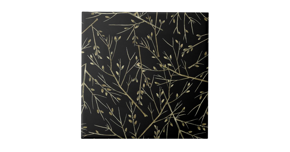 Gold Twigs on Black Ceramic Tile | Zazzle