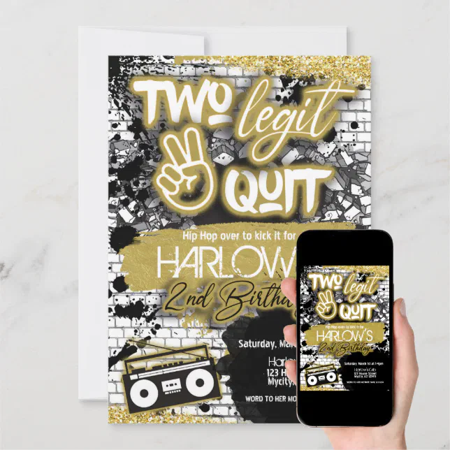 Gold Two Legit Two Quit Hip Hop Invitation | Zazzle