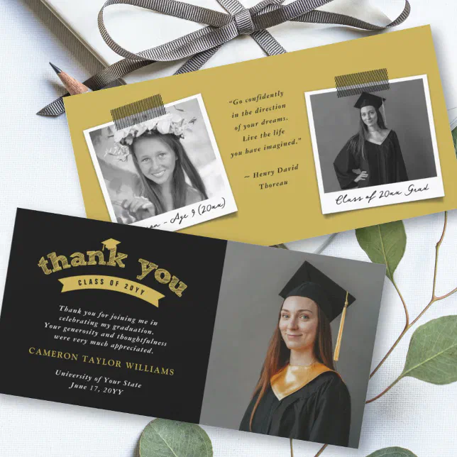 Gold Typography Bold Sketch Graduation Cap Photo Thank You Card | Zazzle
