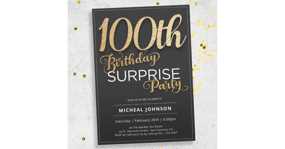 Gold Typography Custom Surprise 100th Birthday Invitation | Zazzle
