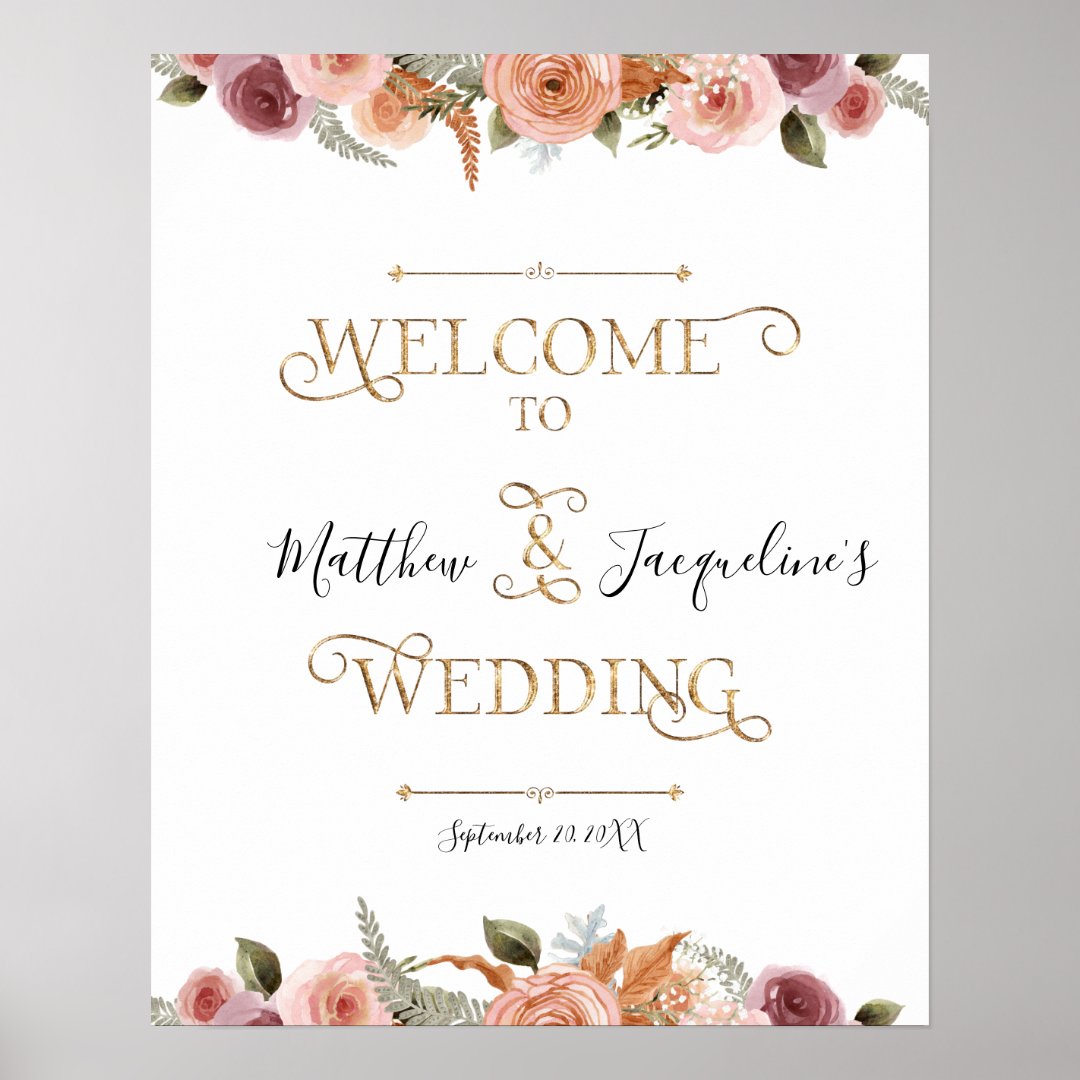 Gold Typography Dusty Blush Floral Welcome Wedding Poster | Zazzle