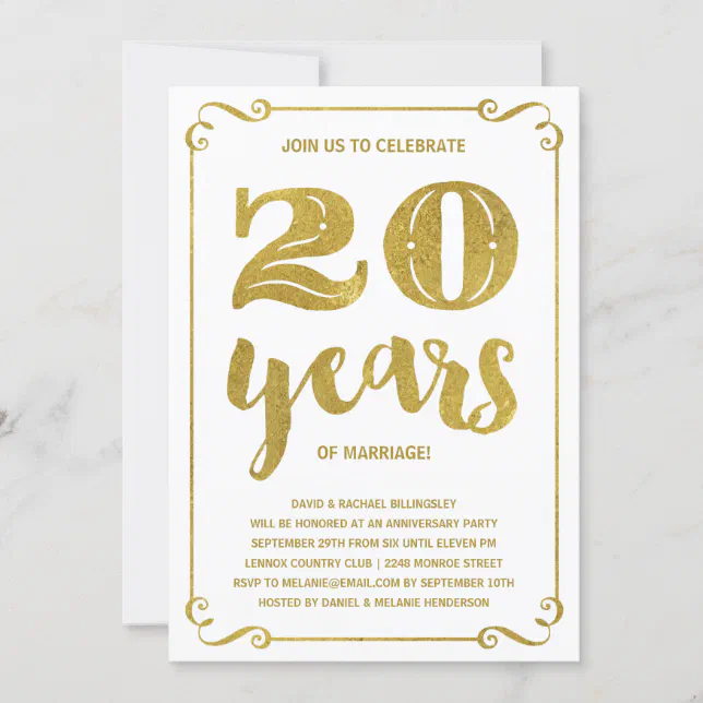 Gold Typography | Faux Foil 20th Anniversary Invitation | Zazzle