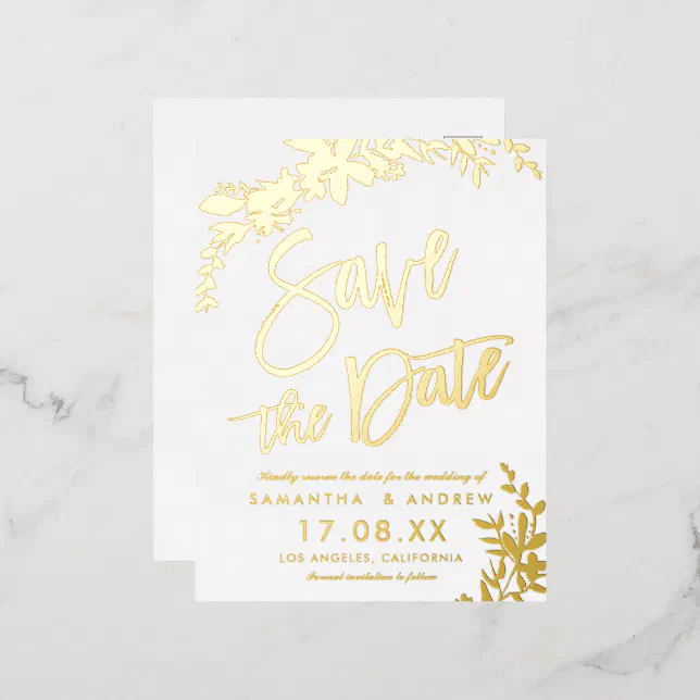 Gold typography floral white wedding save the date foil invitation ...
