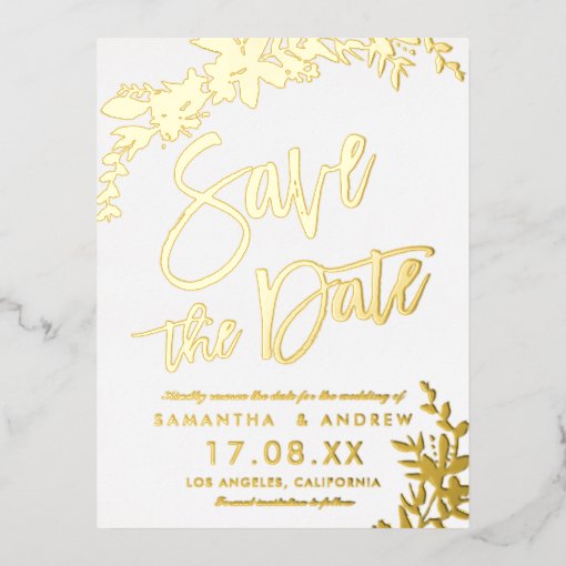 Gold typography floral white wedding save the date foil invitation ...