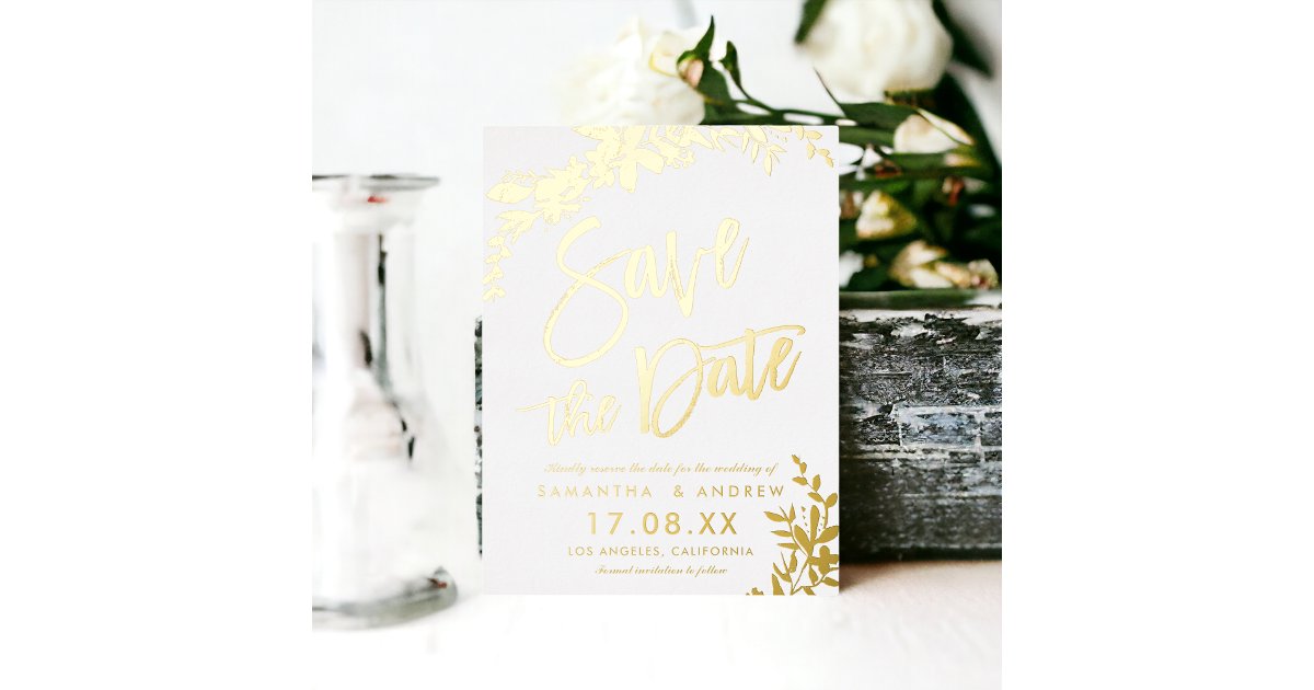 Gold typography floral white wedding save the date foil invitation ...