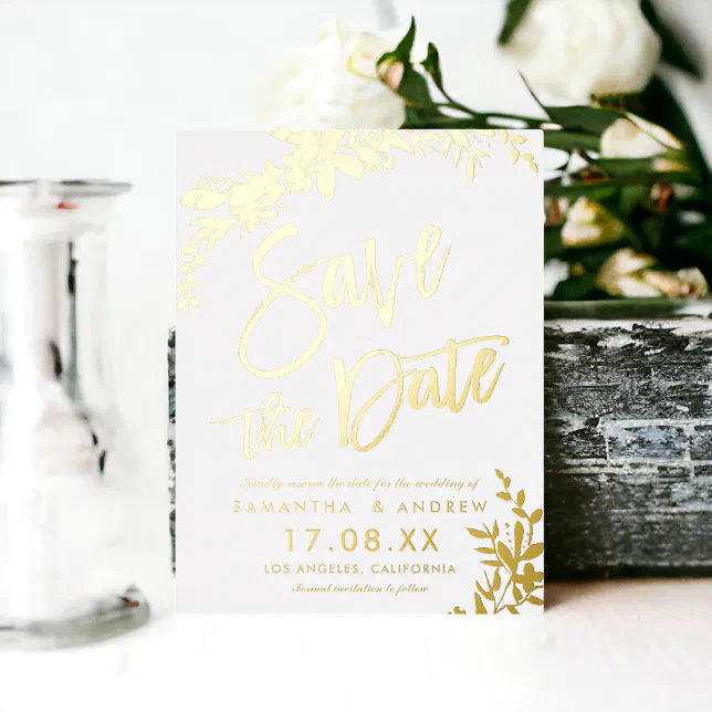 Gold typography floral white wedding save the date foil invitation ...