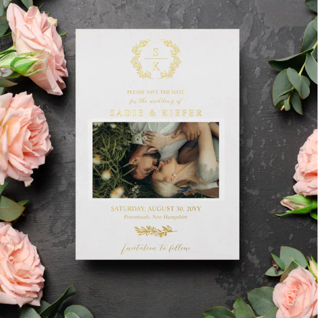 Gold Typography Laurel Wreath Monogram Photo Foil Invitation | Zazzle