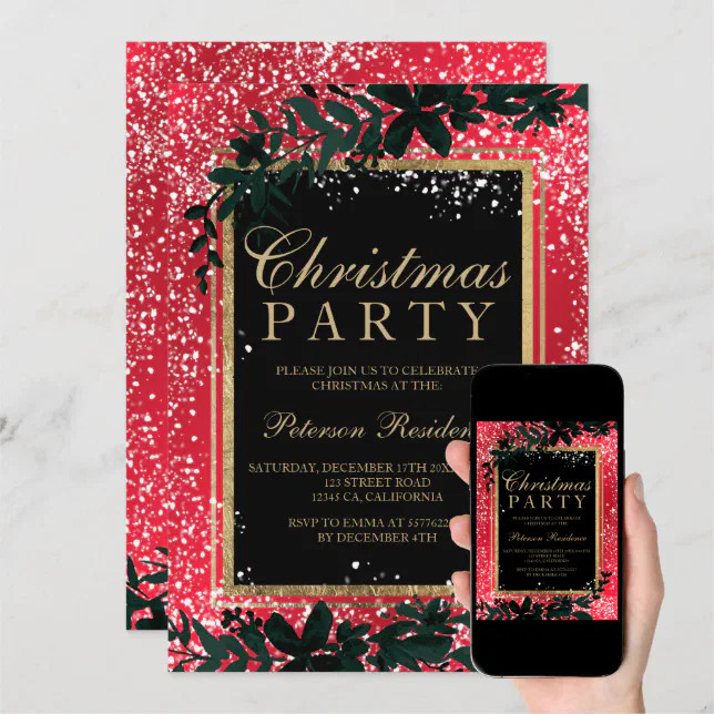 gold typography leaf snow elegant red Christmas Invitation | Zazzle