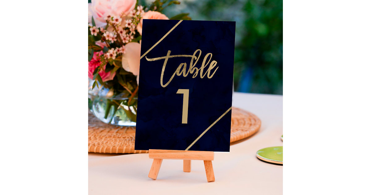 Gold typography navy blue watercolor table number | Zazzle