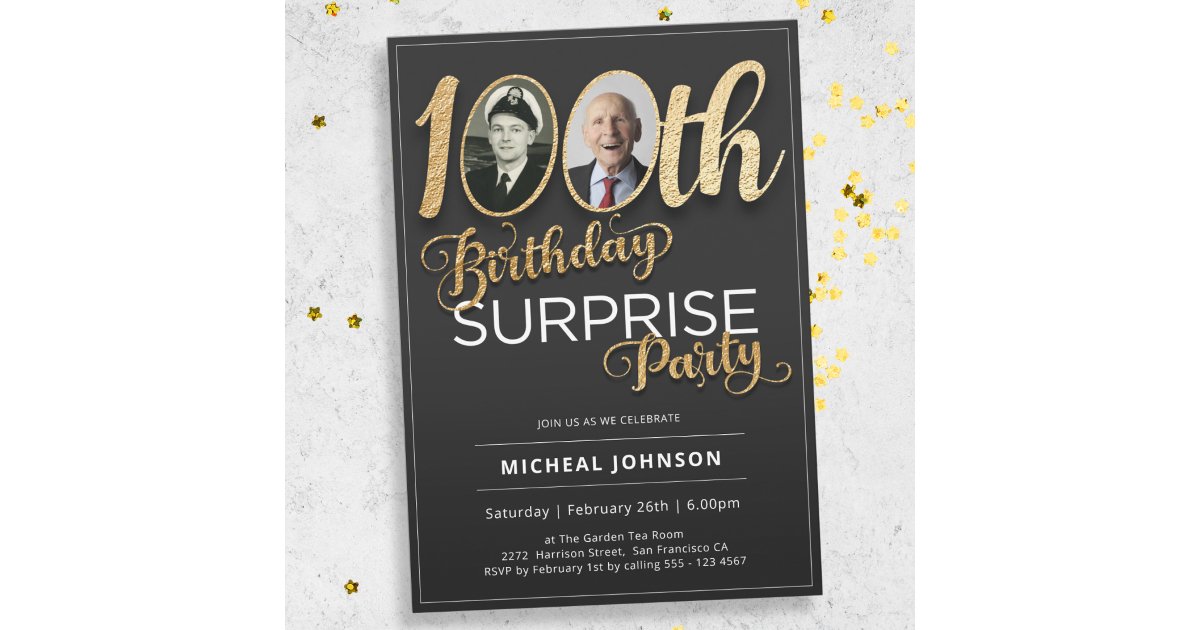 Gold Typography Photo Surprise 100th Birthday Invitation | Zazzle