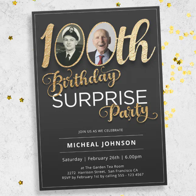 Gold Typography Photo Surprise 100th Birthday Invitation | Zazzle