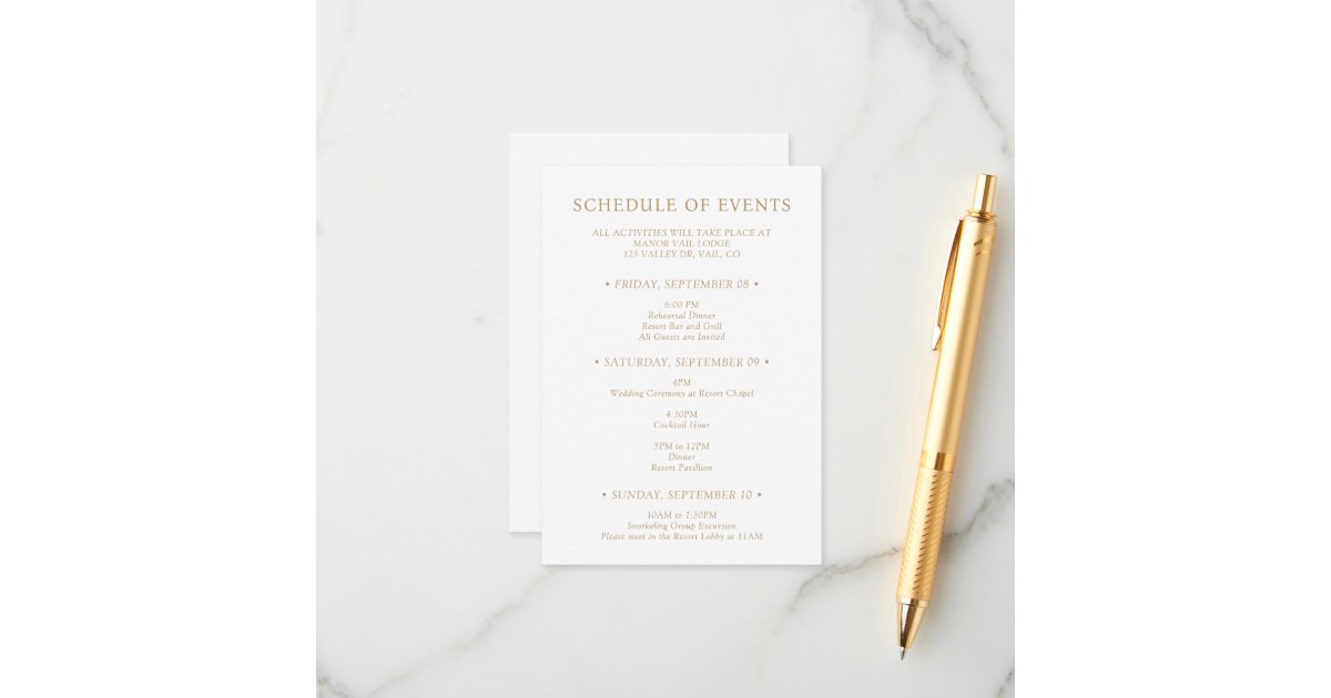 Gold Typography Wedding Weekend Schedule of Events Enclosure Card | Zazzle