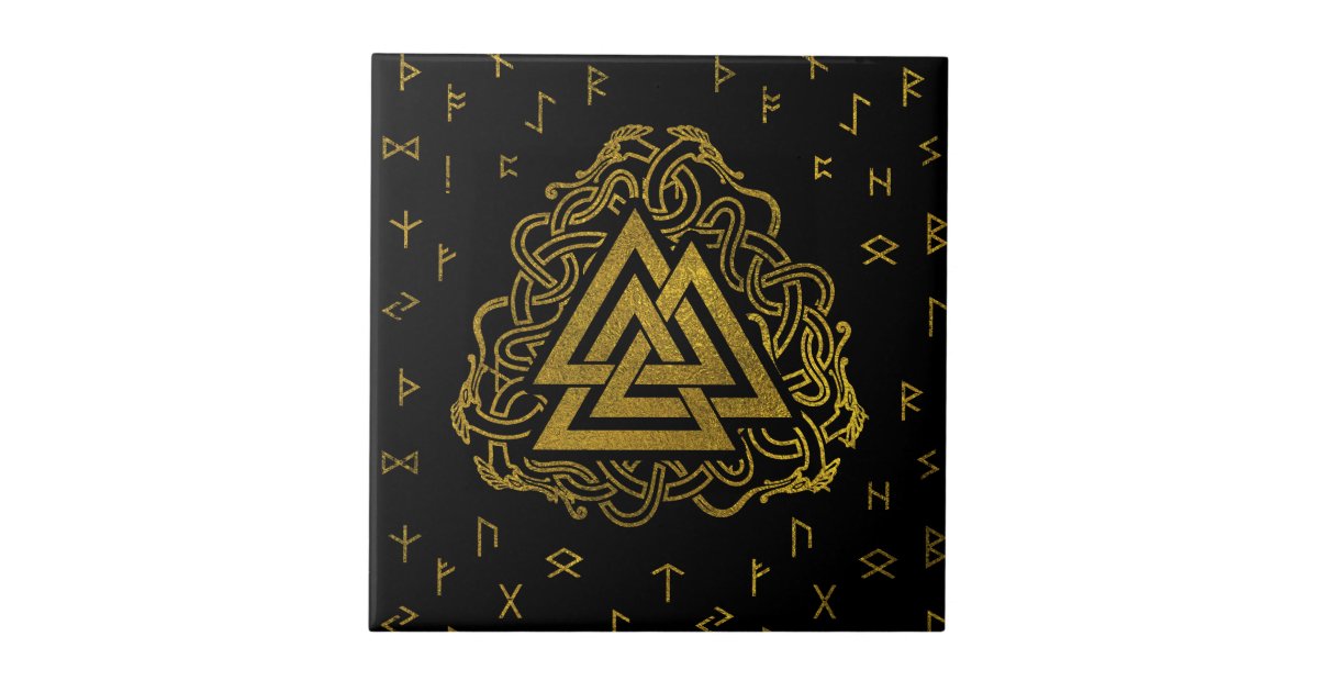 Gold Valknut Symbol on Runes Pattern Ceramic Tile | Zazzle