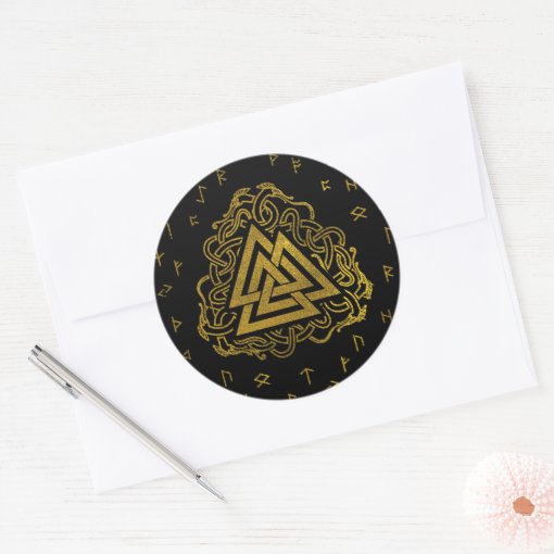 Gold Valknut Symbol on Runes Pattern Classic Round Sticker | Zazzle