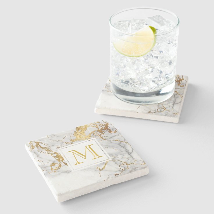 Gold Vein Marble Monogram Stone Coaster | Zazzle