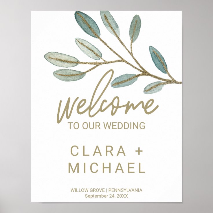 Gold Veined Eucalyptus Welcome Wedding Poster | Zazzle