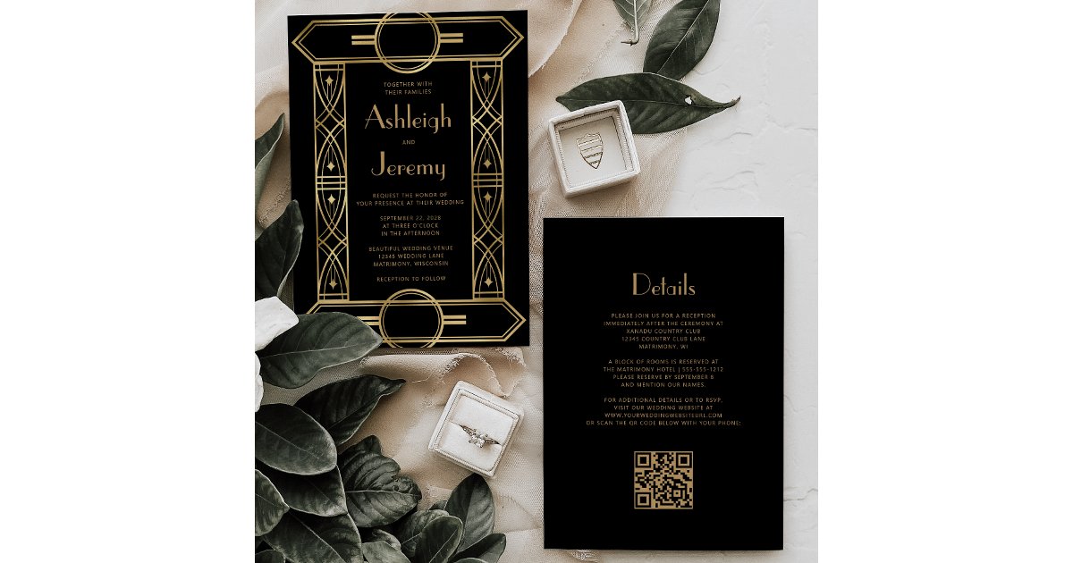 Gold Vintage Deco Frame Black QR Code Wedding Invitation | Zazzle