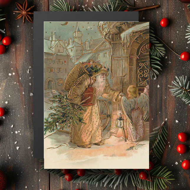 Gold Vintage Father Christmas and Angel | Zazzle
