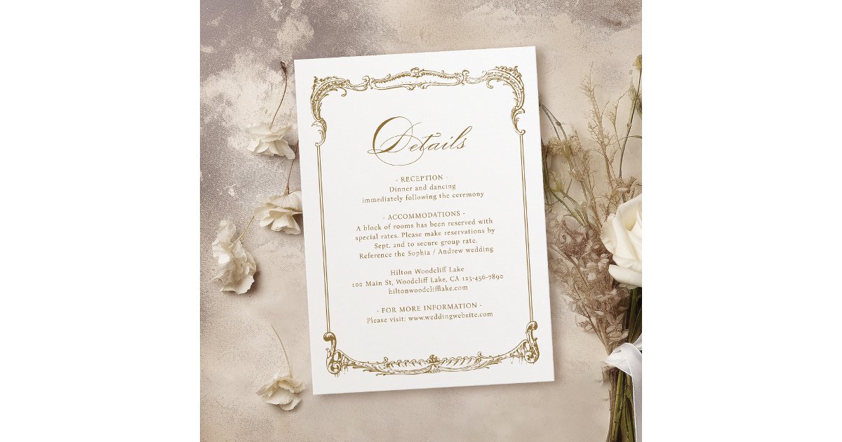 Gold Vintage Frame Classic Script Wedding Details Enclosure Card | Zazzle