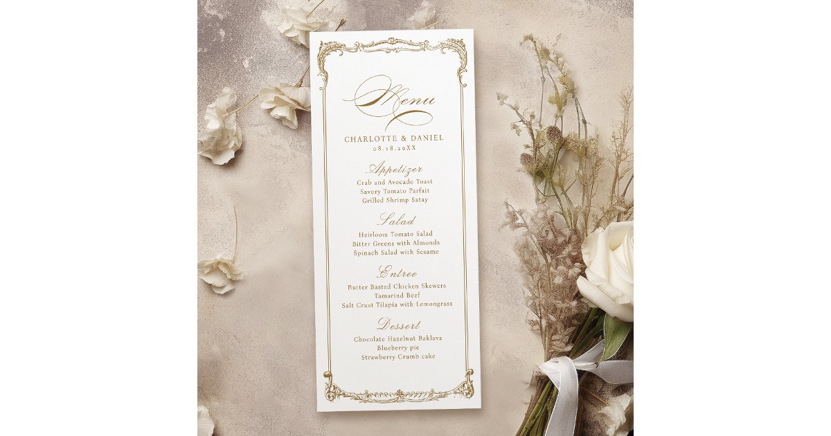 Gold Vintage Frame Classic Script Wedding Menu | Zazzle