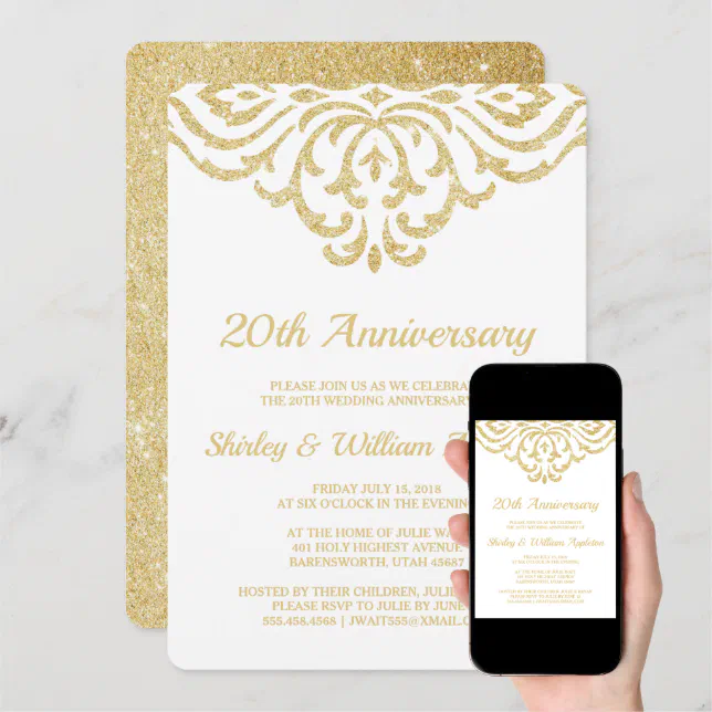 Gold Vintage Glam Elegant 20th Wedding Anniversary Invitation | Zazzle