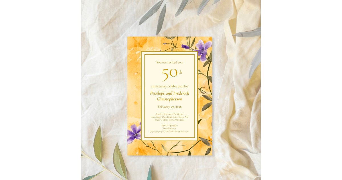 Gold Violets Floral 50th Wedding Anniversary Invitation | Zazzle