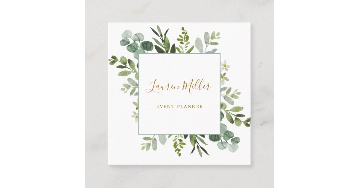 Gold | Watercolor Eucalyptus Green Foliage Square Business Card | Zazzle