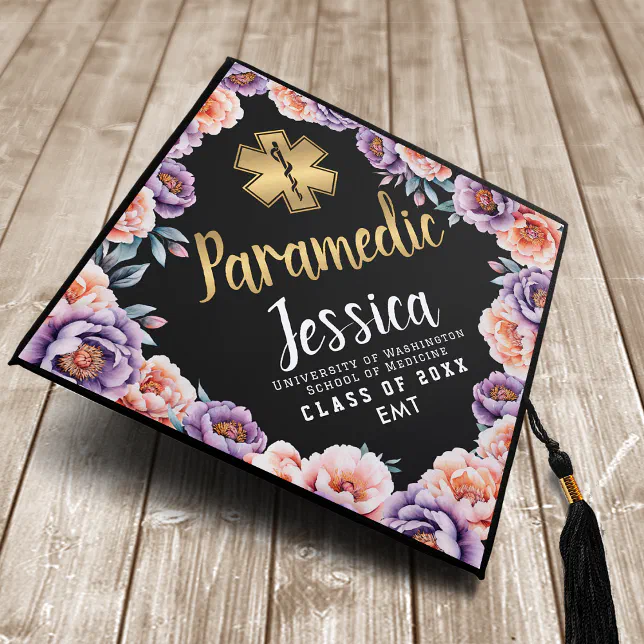 Gold Watercolor Floral Paramedic EMT Medical Graduation Cap Topper | Zazzle