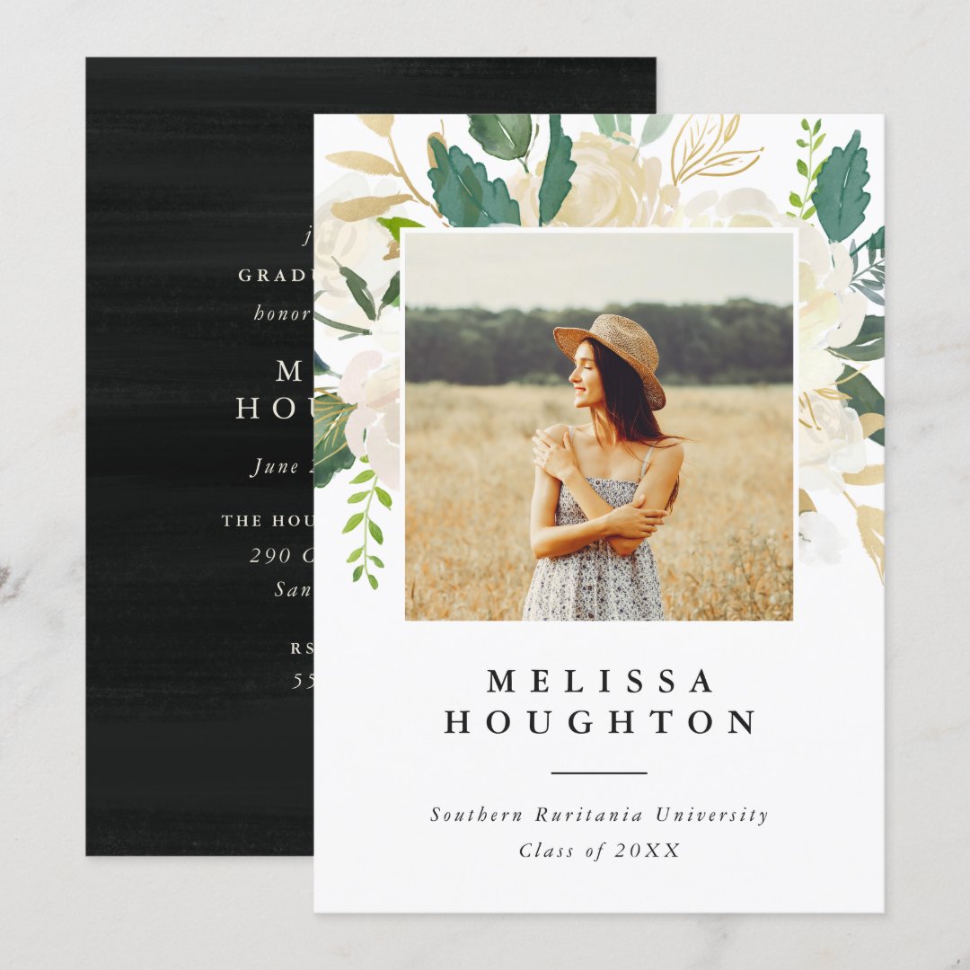 Gold & Watercolor Flowers Photo Graduation Party Invitation | Zazzle