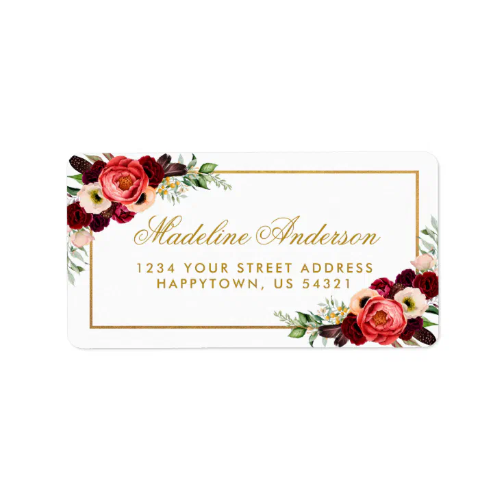 Gold Wedding Burgundy Floral Boho Address Label | Zazzle