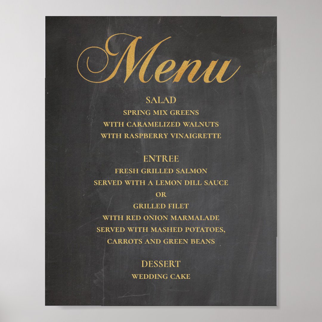 Gold wedding dinner menu. Chalkboard elegant Poster | Zazzle