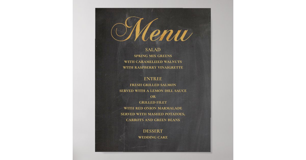 Gold wedding dinner menu. Chalkboard elegant Poster | Zazzle