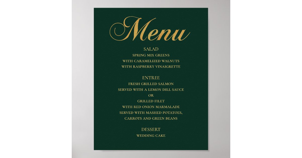 Gold wedding dinner menu. Green elegant simple Poster | Zazzle