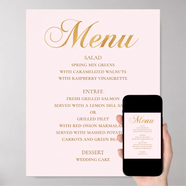 Gold wedding dinner menu. Pink elegant simple Poster | Zazzle