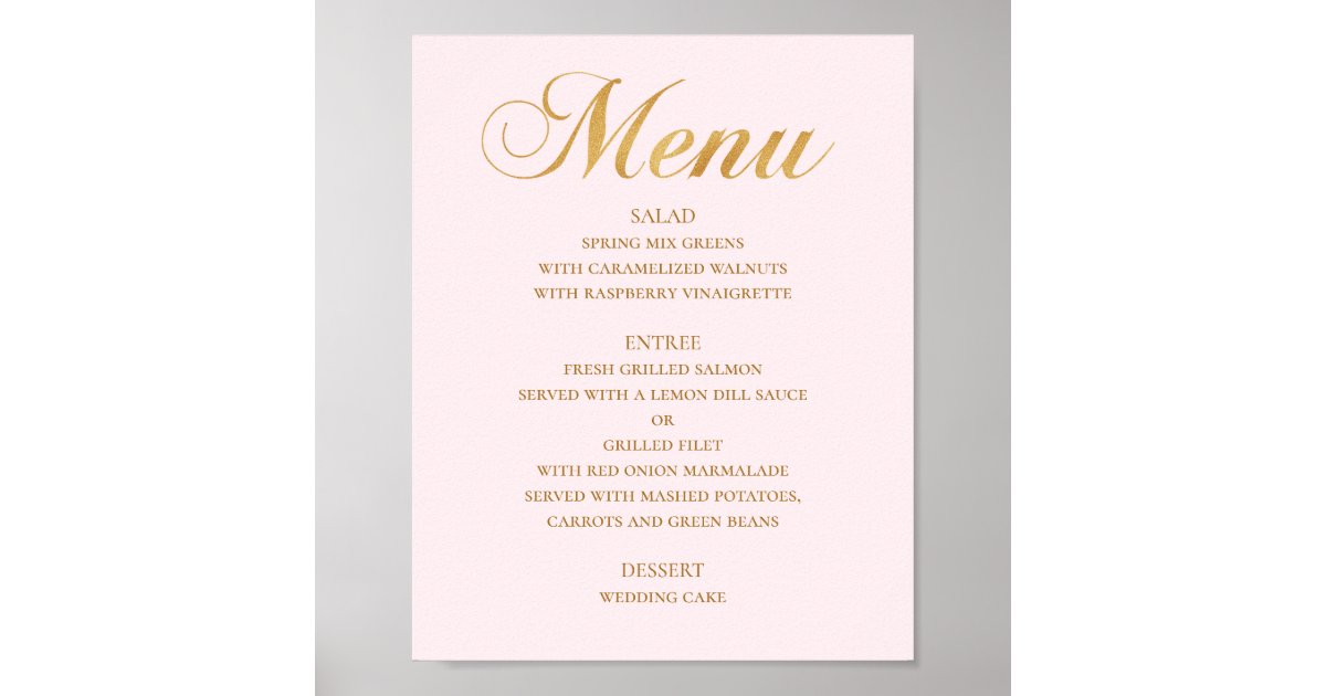 Gold wedding dinner menu. Pink elegant simple Poster | Zazzle