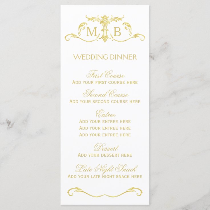 Gold wedding dinner menu template set | Zazzle
