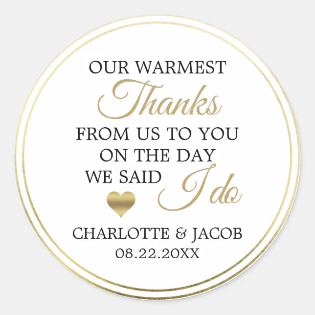 GOLD Wedding Heart Warmest Thanks | Thank You Classic Round Sticker ...