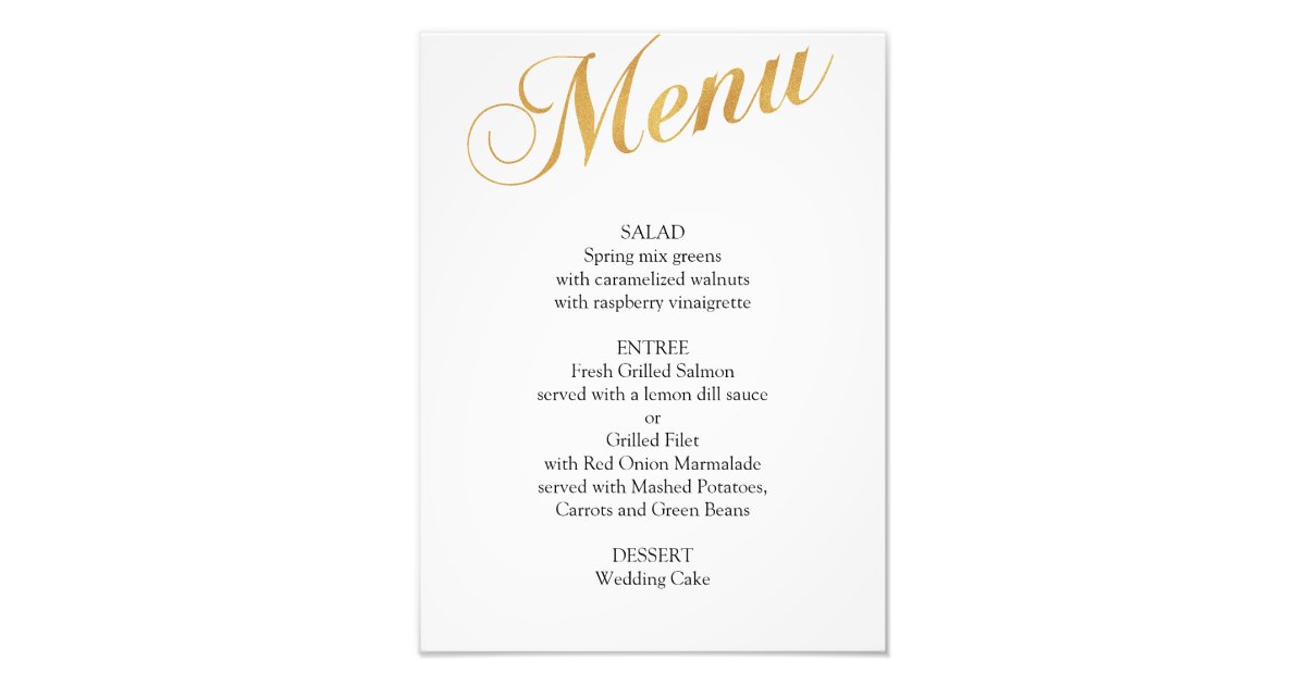 Gold wedding menu poster. Elegant dinner menu Photo Print | Zazzle