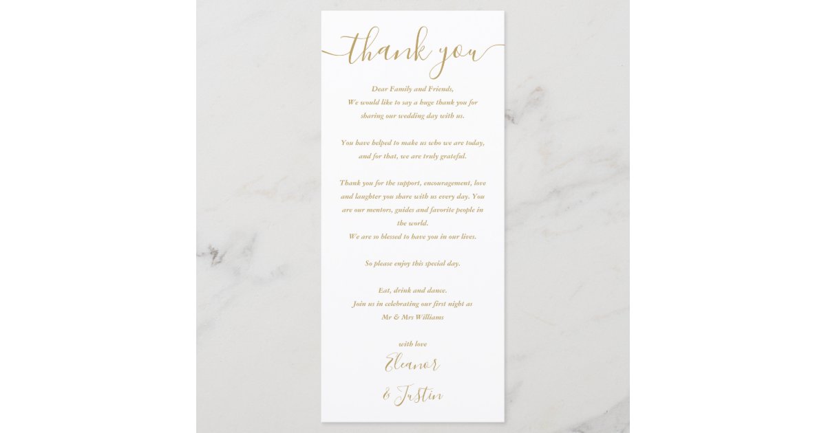 Gold Wedding Program Thank You Place Card | Zazzle