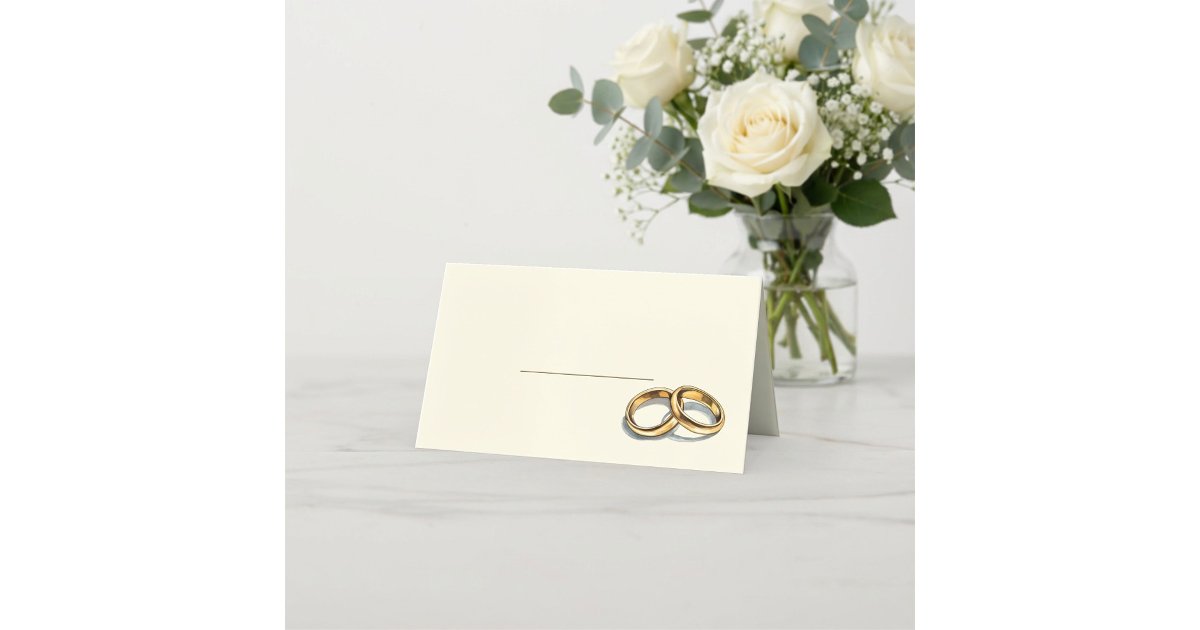 Gold wedding rings name place card | Zazzle