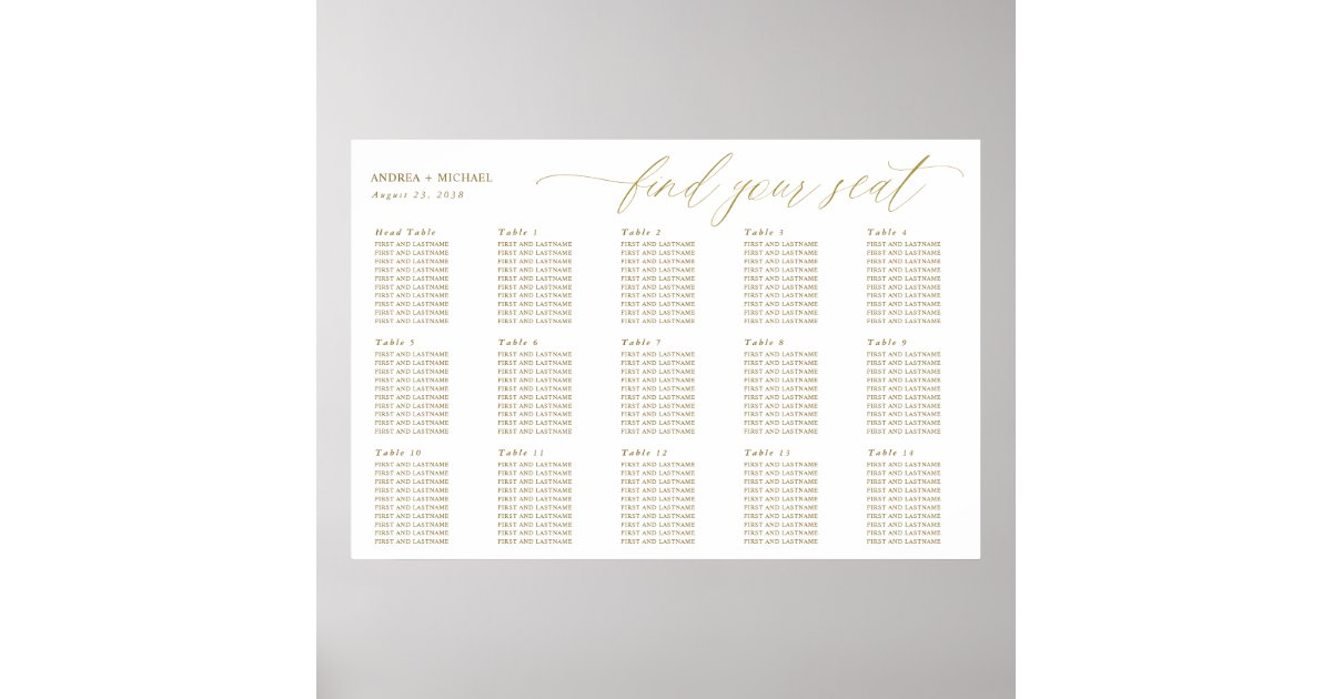 Gold Wedding Seating Chart Elegant Calligraphy | Zazzle