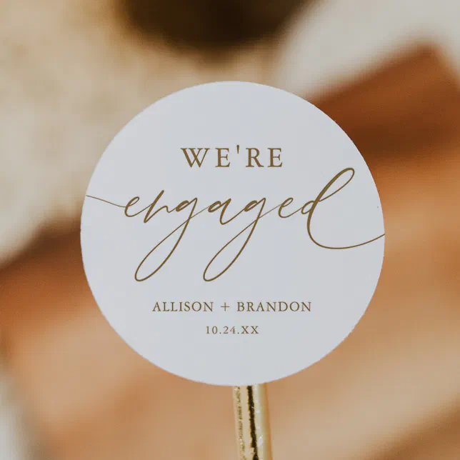 Gold We're Engaged Engagement Party Favors Classic Round Sticker | Zazzle