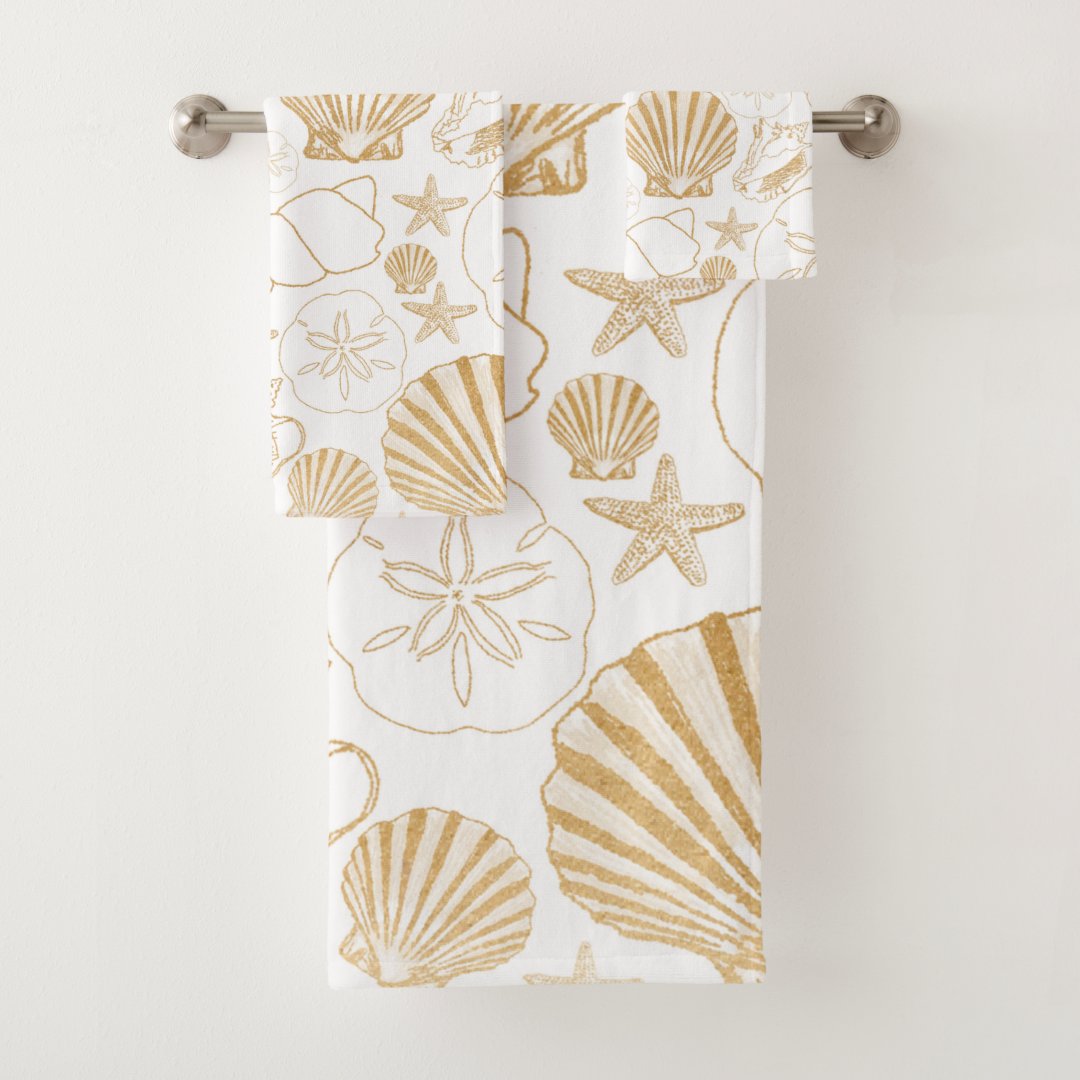 Gold White Beach themed bath decor, sea shells Bath Towel Set | Zazzle