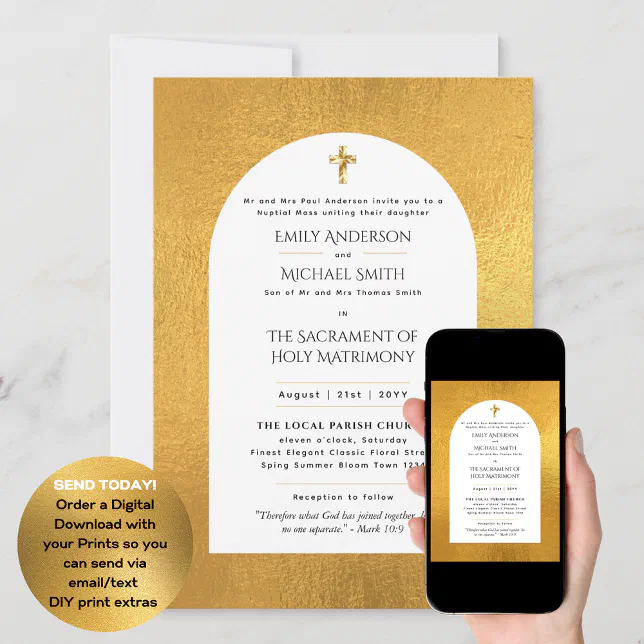 Gold White Catholic Nuptial Mass Wedding Invitation | Zazzle