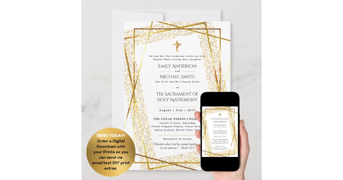 Gold White Catholic Nuptial Mass Wedding Invitation | Zazzle