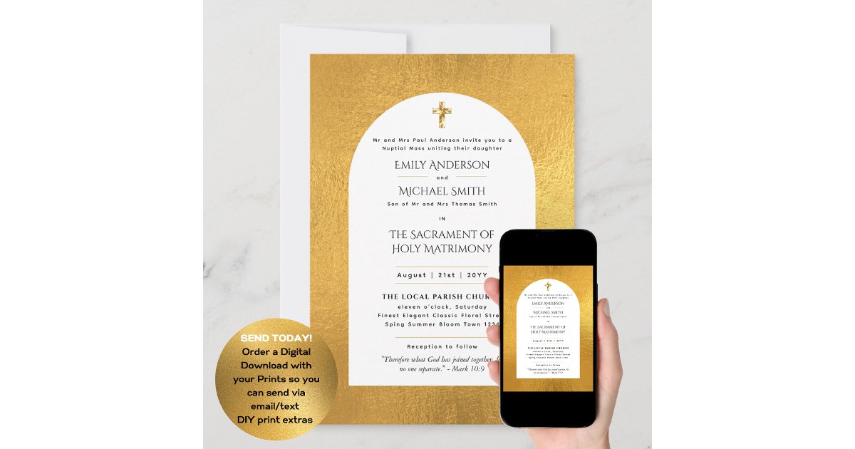 Gold White Catholic Nuptial Mass Wedding Invitation | Zazzle